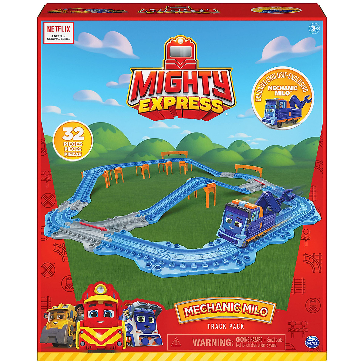 Mighty Express, 32-Piece Train Track Pack with Exclusive Mechanic Milo Toy Train, Kids Toys for Ages 3 and up