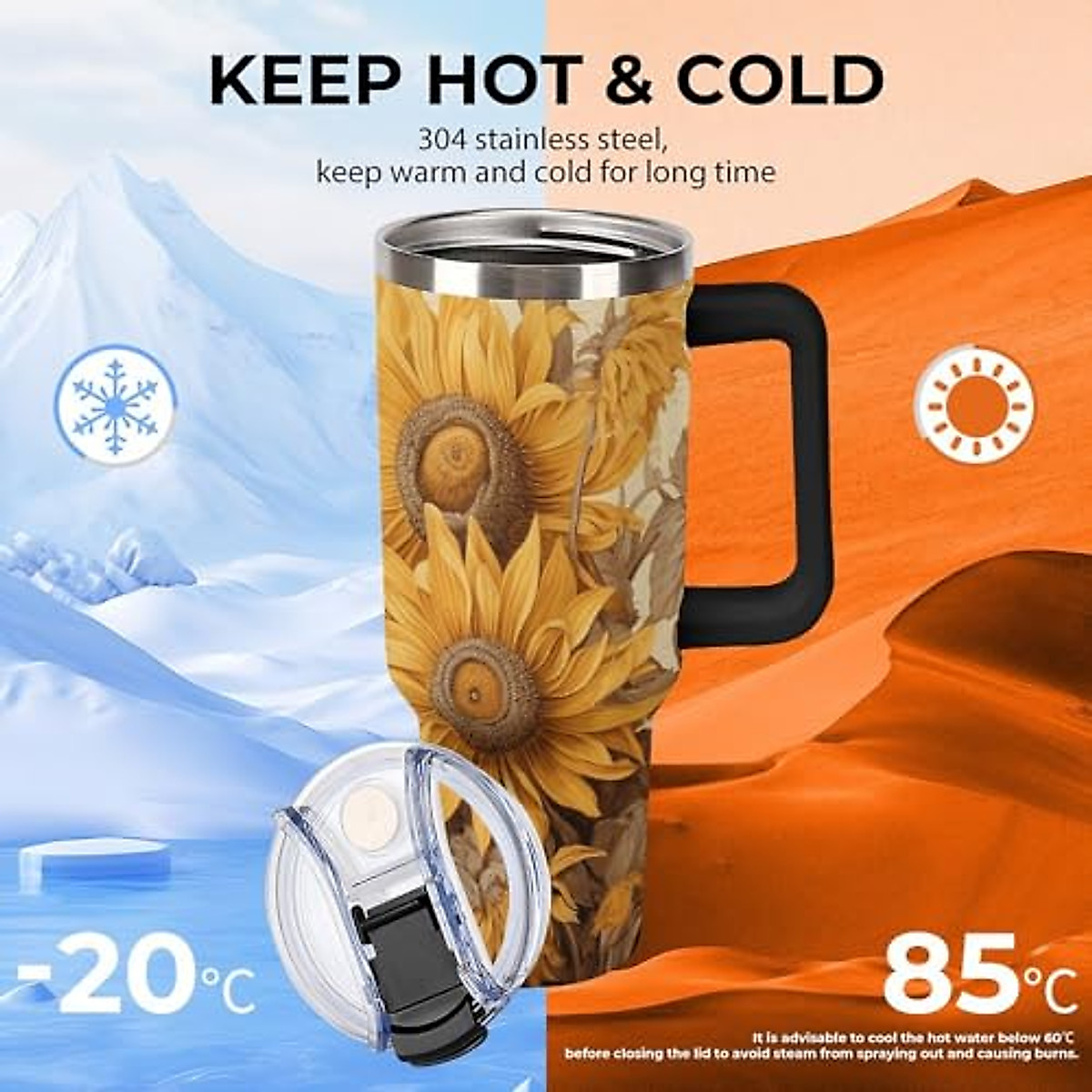 40 Oz Tumbler with Handle Bees And Sunflowers on Old Paper Stainless Steel Coffee Mug Reusable Travel Mug Leak-proof Insulated Car Cup Large Capacity Tumbler for Travel, Outdoor, Home Use (Black)