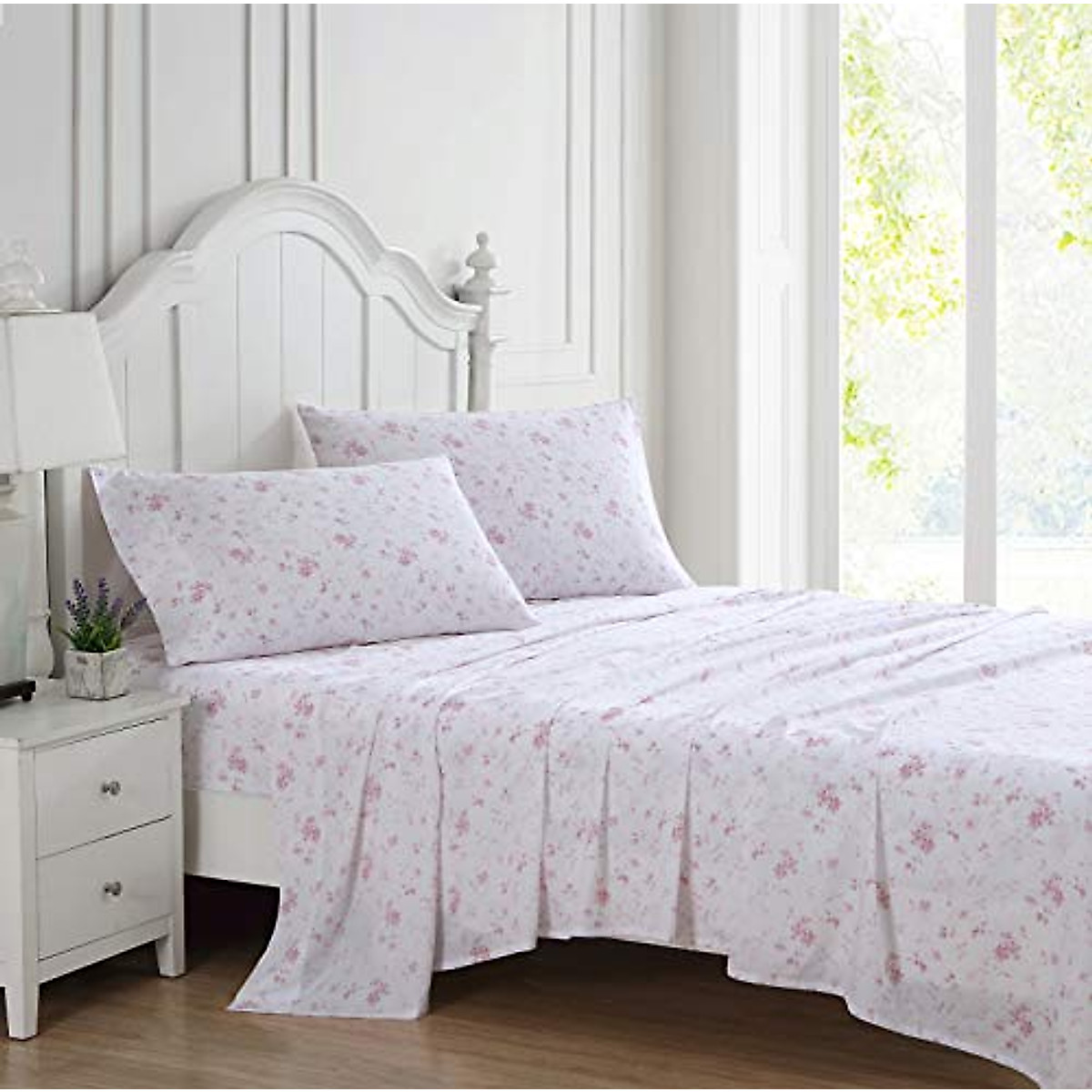 Laura Ashley Home - Queen Sheets, Soft Sateen Cotton Bedding Set - Sleek, Smooth, & Breathable Home Decor, Garden Muse Pink