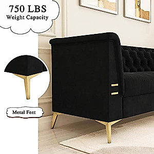 Modern Chesterfield Sofa, 82" Velvet Upholstered 3 Seater Couches with Removable Cushions, Mid-Century Modern Sofa Couch with Solid Wood Frame and Gold Legs for Living Room, Apartment, Office, Black
