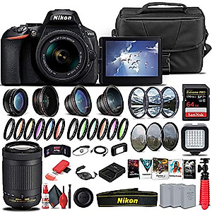 Nikon D5600 DSLR Camera with 18-55mm Lens (1576) + Nikon 70-300mm Lens + 64GB Memory Card + Case + Corel Software + 2 x EN-EL14A Battery + LED Light + Filter Kit + More (International Model) (Renewed)