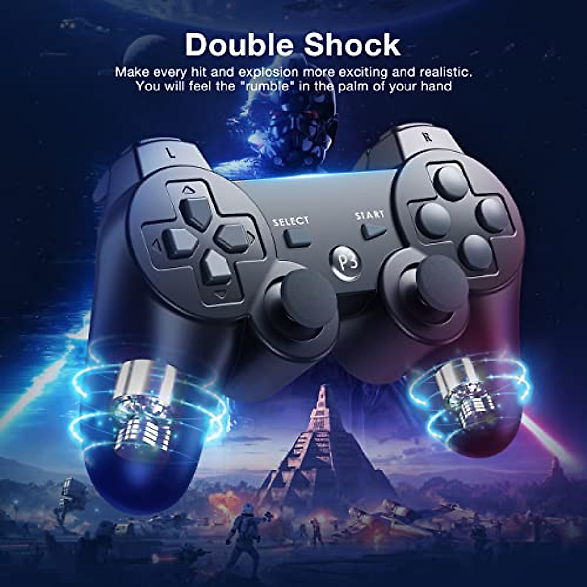 Powerextra PS-3 Controller Wireless Compatible with Play-Station 3, 2 Pack Double Shock High Performance Gaming Controller with Upgraded Joystick Double Shock for Play-Station 3 (Black + White)