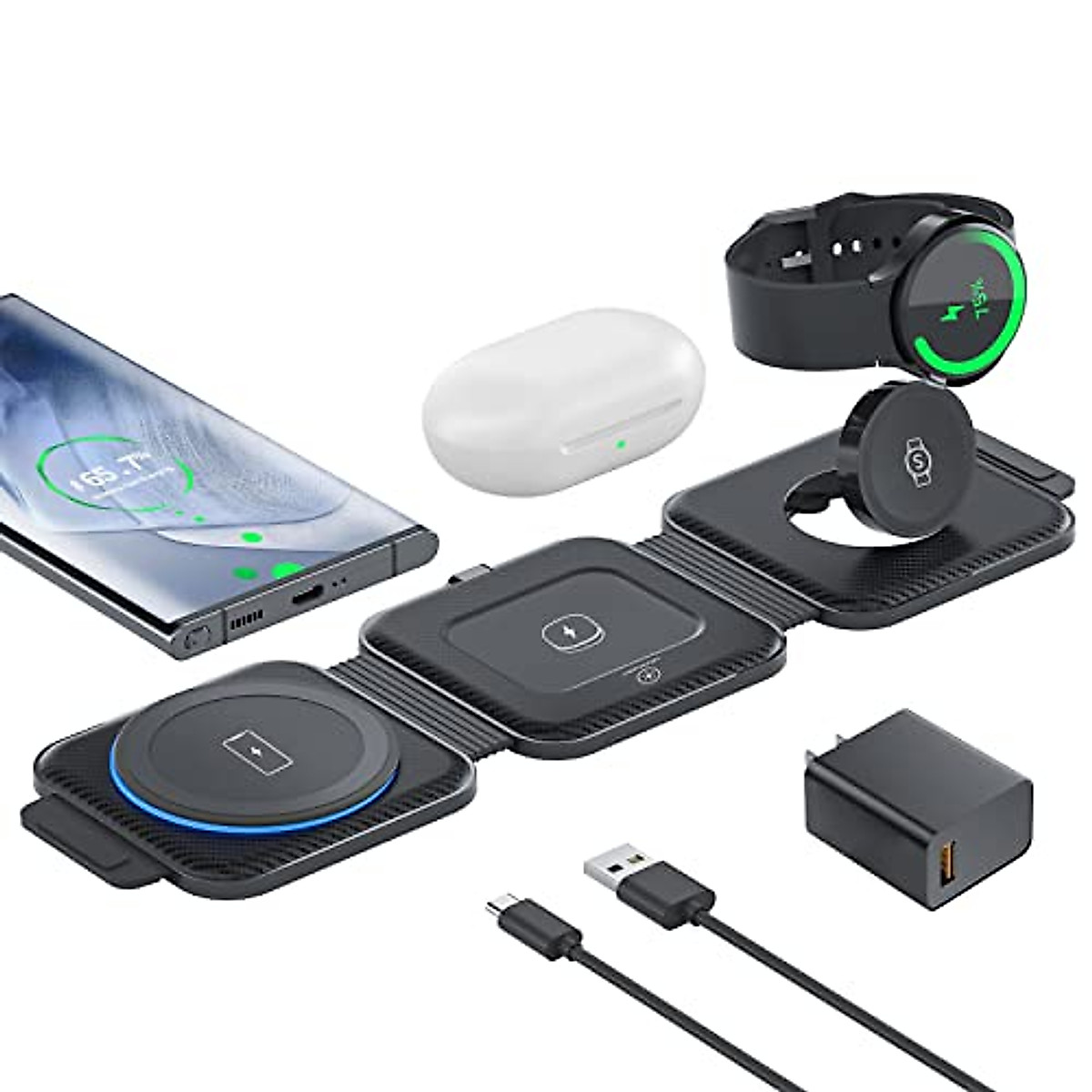 Wireless Charger For Samsung Multi Devices, Foldable 3 in 1 Fast Travel Charging Pad/Station/Dock Compatible for Samsung Galaxy Z Fold4/Flip4/S23Ultra/S22/S21/S20/Note 20 Galaxy Watch5/4/3 Galaxy Buds