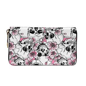 Thinye Wallet Women Pink Sakura and Skull Wallets Women Microfiber Leather Purse Zip Around Wallet for Women Card Holders Clutch