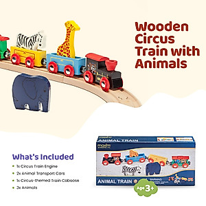 Maxim Enterprise, inc. Kids Circus Train with Steam Engine, 2 Cars, Caboose, 3 Wooden Animals, Natural Hardwood Railway Set with Easy Magnetic Connectors, Sensory Learning Toys for 18 Months & Up