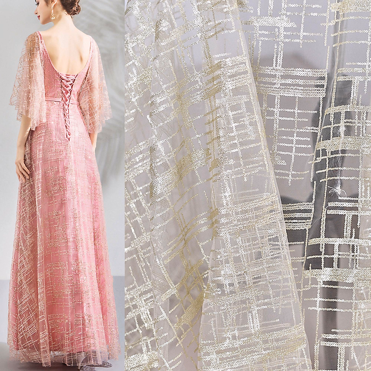 Shimmery Lace Fabric Irregular Sequined Lace Mesh Fabric by The Yard for Prom Dress Evening Ballgown 51 inches Width Champagne Gold Color