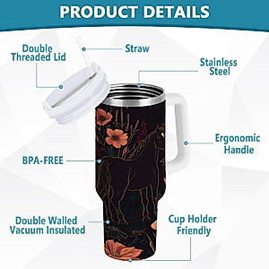 Jihqo Night Horse Cross Flowers Field 40 oz Stainless Steel Vacuum Insulated Tumbler with Handle and Straw Lid, Leakproof Water Bottle Double Wall Travel Mug Coffee Cup, Cupholder Friendly