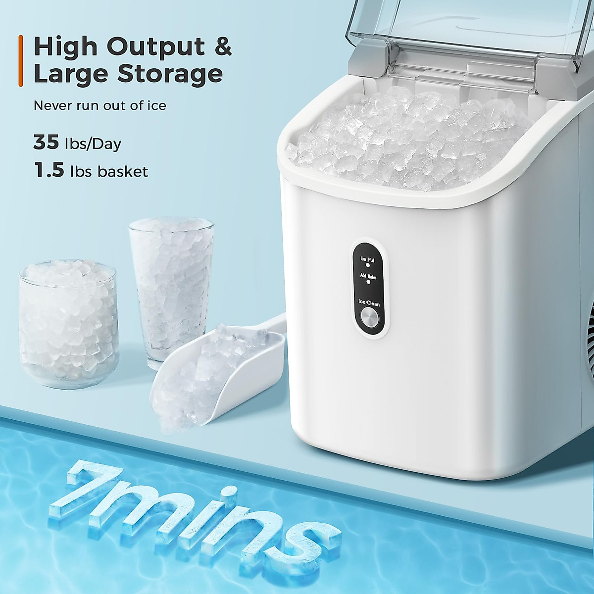 AGLUCKY Nugget Ice Maker Countertop, Portable Pebble Ice Maker Machine with Self-Cleaning Function,35lbs/24H,One-Click Operation,Pellet Ice Maker for Home/Kitchen/Office(White)