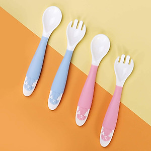 Baby Toddler Forks and Spoons for self-Feeding - Kids and Infant Training Cutlery Utensils Set, Babies First Self Feeding Learning Tableware Easy Grip Bendable with Travel Safe Case (Blue)