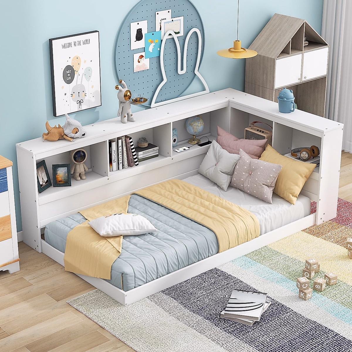 Wood Twin Size Daybed with Storage Bookcases Cabinets and USB Ports, Twin Platform Bed with Headboard, Twin Size Sofa Bed Frame for Bedroom Living Room, Box Spring Needed (White)