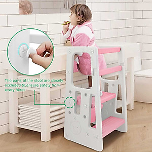 Nursery Kitchen Step Stool w/ 3 Adjustable Heights Toddler Standing Tower Kids Learning Stool w/Double Safety Rails & Non-Slip Foot Pads Cooking Stool Stand Helper Bathroom Counter Footstool (Pink)