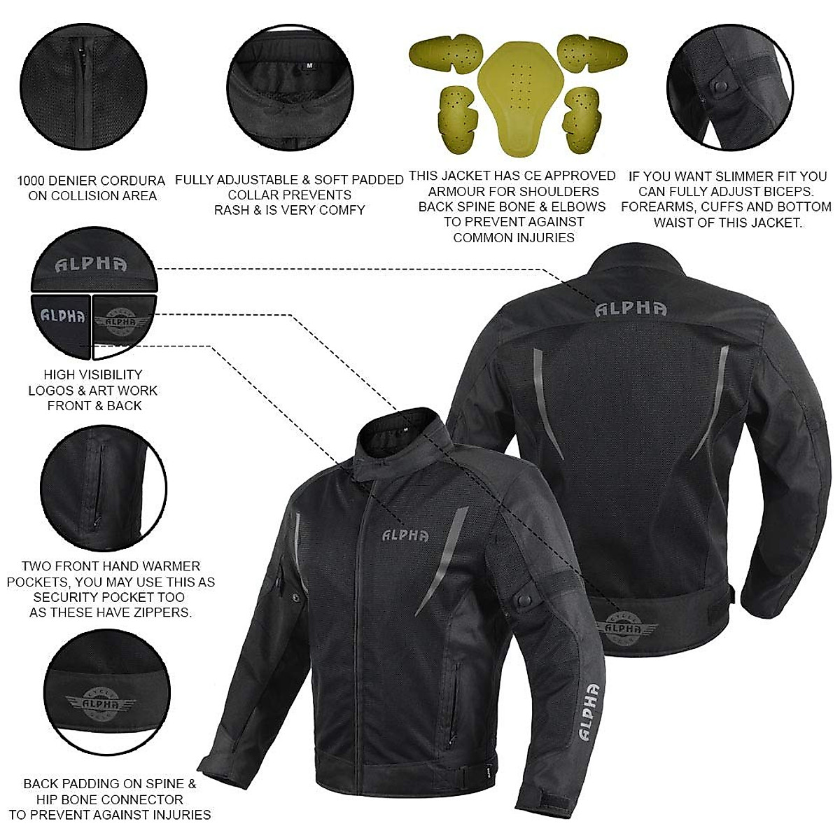 ALPHA CYCLE GEAR HI VIS MESH MOTORCYCLE JACKET FOR MENS RIDING BIKERS RACING DUAL SPORTS BIKE ARMORED PROTECTIVE... (BLACK, X-LARGE)