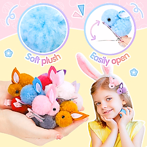 SevenQ Easter Eggs Fillers with Bunny Hair Clips Colorful 24 Pack, Easter Basket Stuffers Party Favors Gift Bags for Kids Cute Stuff Plush Fidget Toys Classroom Treasure Box Egg Hunt Games Supplies