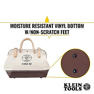 Klein Tools 5102-12 Heavy Duty Natural Canvas Tool Bag, Tool Tote, Multi-Purpose Bag with Wide Hinged Opening and Leather Handles, 12-Inch