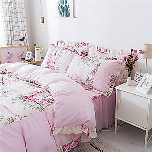 FADFAY Floral Bedskirt Set Lace Bedding Pink Duvet Cover Set Rose Printed 100% Cotton Queen House Bedding Sets for Girls Women (4-Piece, Queen, Pink)