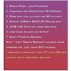 32GB USB Compatible Password Reset Recovery | Remove Reset Recover login Password | Unlock Coumputer | Bonus: Password Manager | Compatible with Windows XP,Vista,7,8.1,10,Server