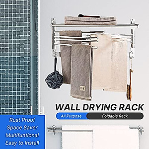 Juselove Wall-Mounted Drying Rack – Drying Rack with Broom Holder and Laundry Bag – Multifunctional Clothing Drying Rack with Swing Arms and Hooks – Space-Saving Laundry Rack for Clothes, Towels