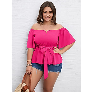 SCOMCHIC Women's Plus Size Off The Shoulder Peplum Blouse Top Half Bell Sleeve Tie Waist Ruffle Hem Babydoll Tops Rose Red