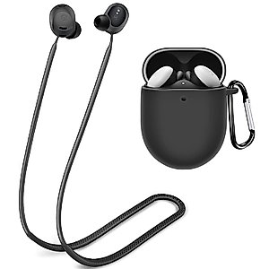 (1+1) Miimall Compatible for Google Pixel Buds Pro Case with Strap, Soft Silicone Keychain Protective Case Cover + Anti-Lost Neck Strap for Pixel Buds Pro 2022 Accessories (Black)