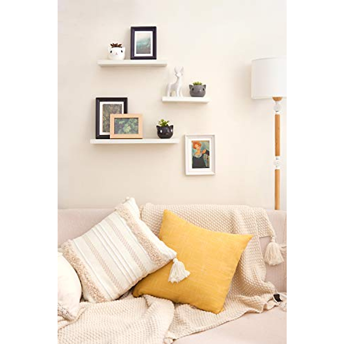 Mkono Floating Shelves White Wood Wall Mounted Rustic Modern Shelf Set of 3 Photo Display Ledges with Invisible Bracket for Living Room Bedroom Bathroom 4" Deep