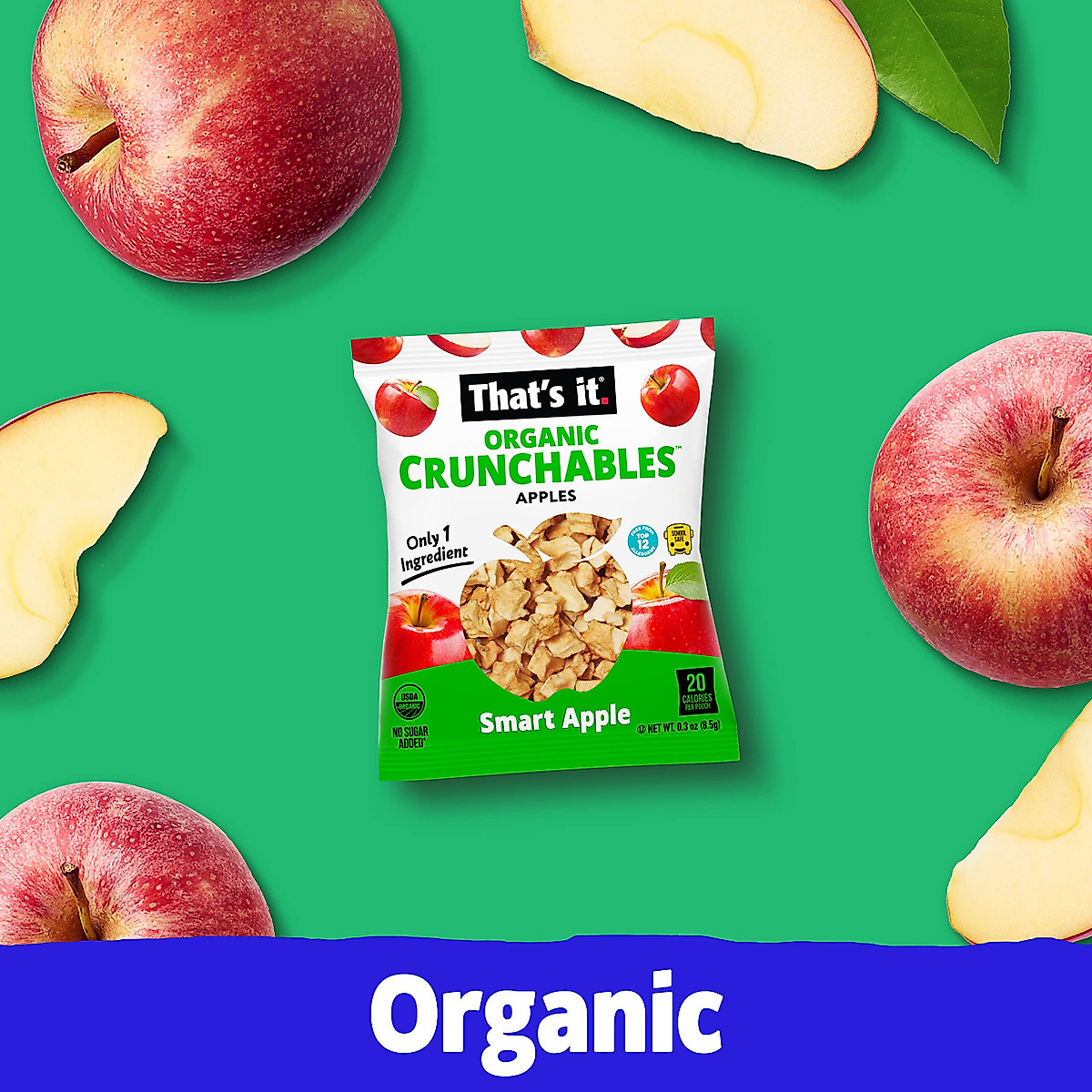 That’s it. Crunchables Fruit Snacks for Kids 100% Organic Apple, Deliciously Healthy and Light, Plant-Based,Non-Gmo, Gluten Free, USDA Approved Snacks 24 Packs (8.5 g)
