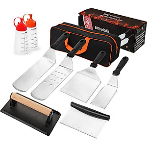 10PCS Griddle Accessories Kit, CEKEE Flat Top Grill Accessories Set and Burger Press for Blackstone and Camp Chef, Grill Spatula Set with Enlarged Spatulas, Scraper for Outdoor BBQ Cooking