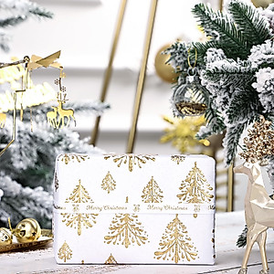 WRAPAHOLIC 3D Kraft Christmas Wrapping Paper Roll - Mini Roll - 17 Inch x 16.5 Feet - Gold and White Christmas Tree Design with Embossed Perfect for Holiday, Party Celebration