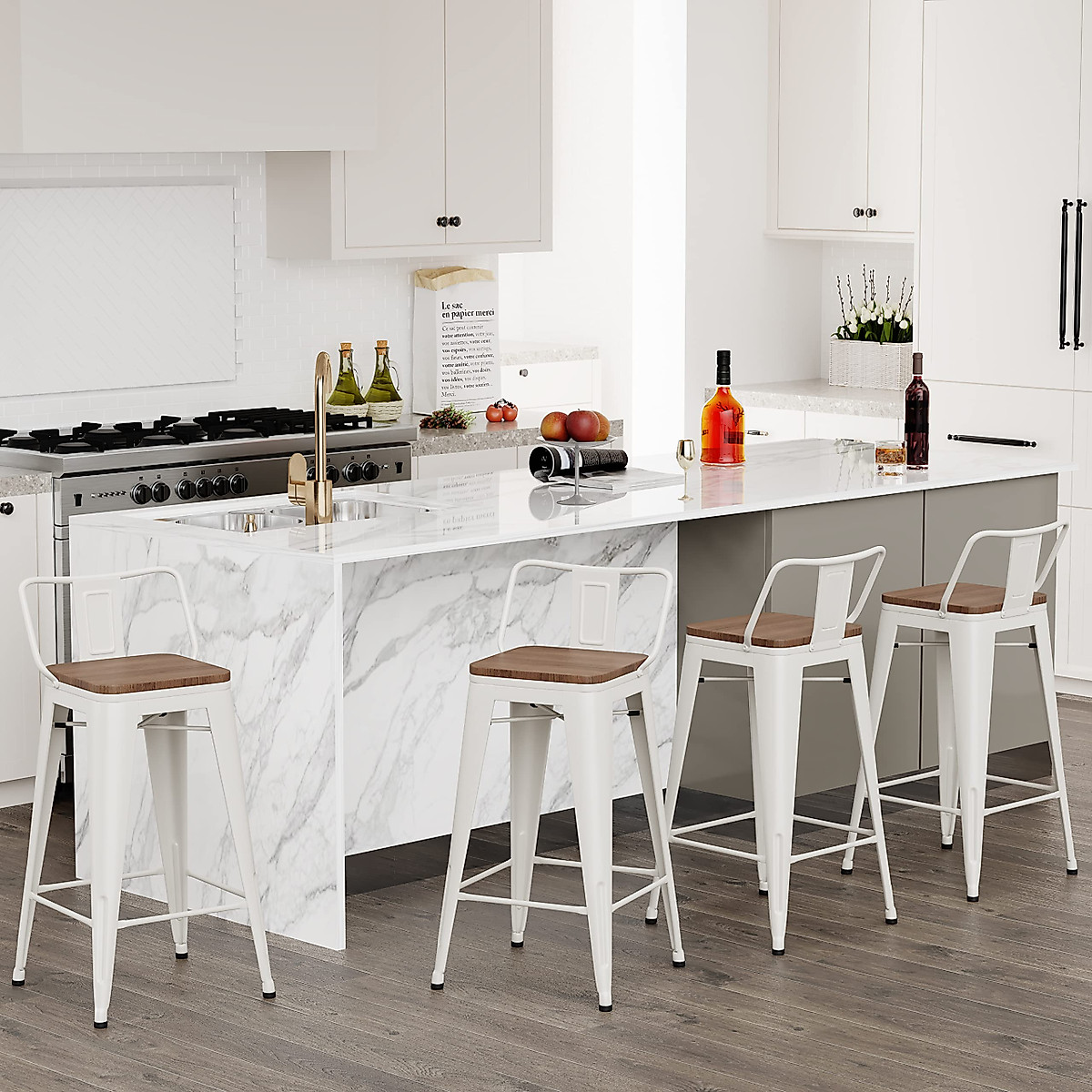 Changjie Furniture 24 Inch Bar Stools Set of 4 Industrial Metal Barstools Counter Height Bar Stool with Backs for Home Kitchen (24 inch, White)