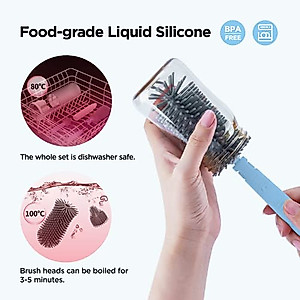 VOGOGE Travel Bottle Brush Set with Extendable Silicone Bottle Brush, Built-in Bottle Drying Rack, Suitable for Home & Baby Travel (Blue)