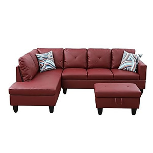 NOTOP 3-Piece Faux Leather Sectional Sofas, Button Tufted Upholstered Couch Set with Left Chaise Longue and Storage Ottoman, for Living Room, Home, Office, Red