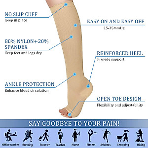 3 Pairs Open Toe Compression Socks Women Knee High Toeless 15-25 mmHg