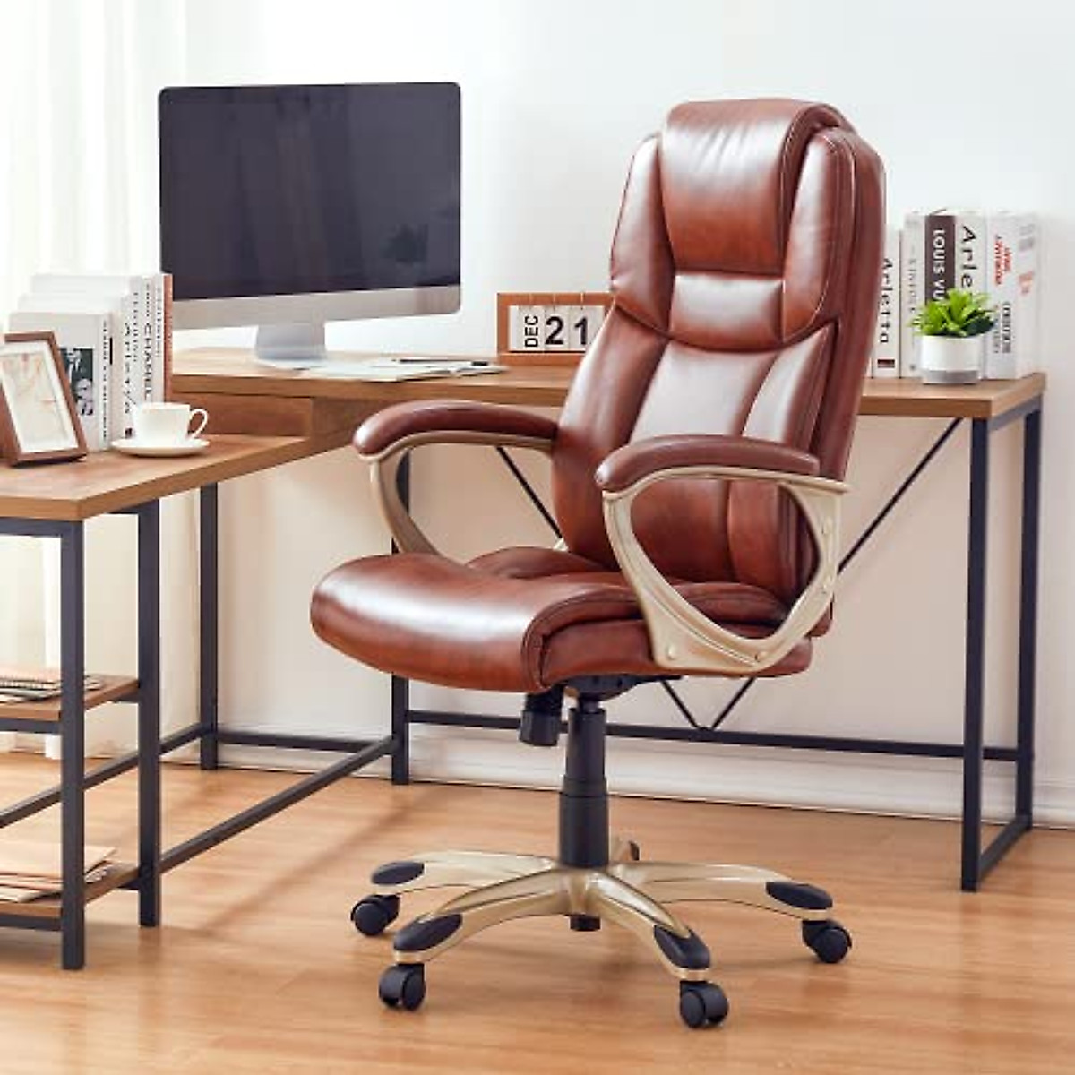 NeuType Executive Office Chair High Back Home Office Desk Chairs with Wheels PU Leather Ergonomic Computer Chair with Lumbar Support Adjustable Height & Swivel Big and Tall Office Chair - Brown