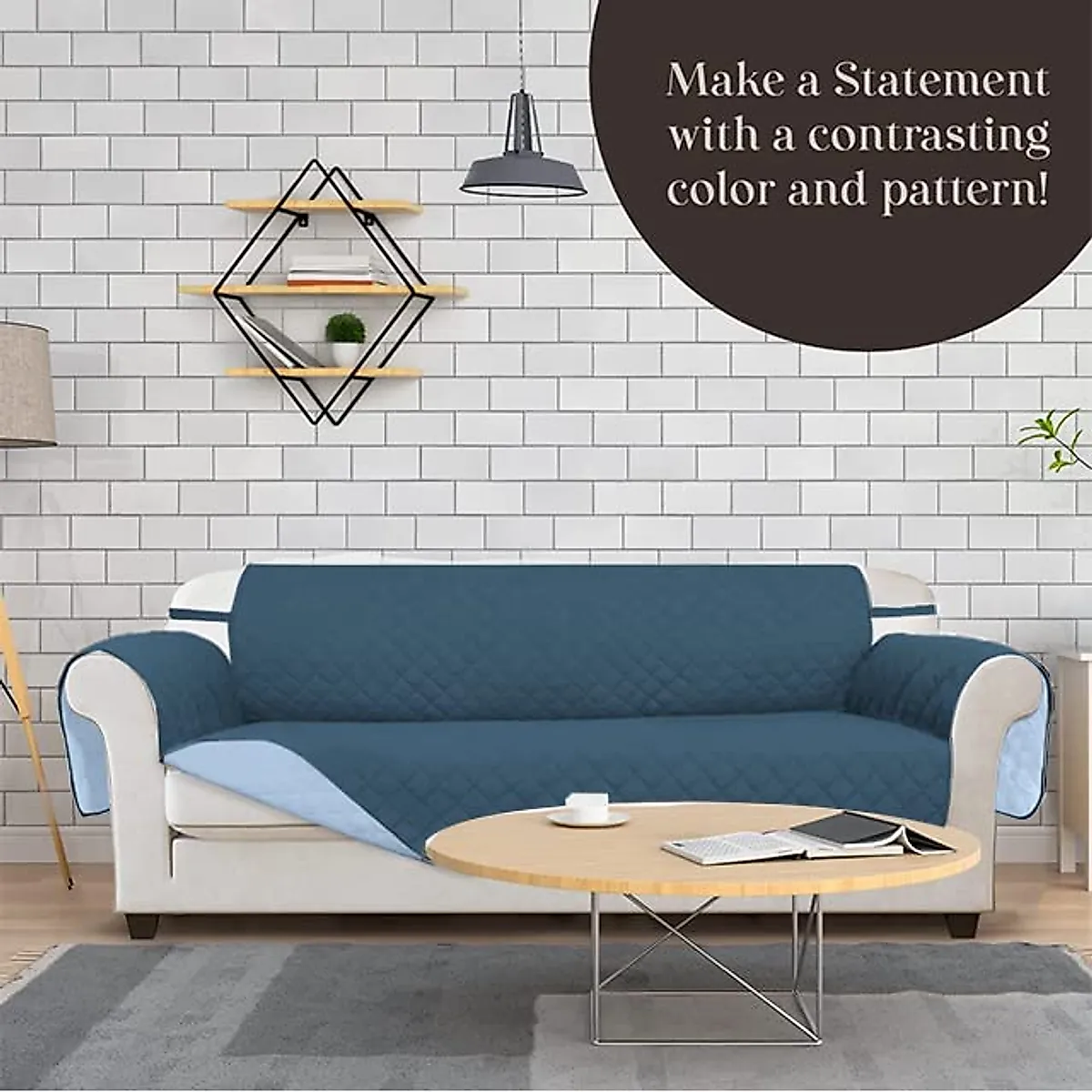 VANELUX Reversible Washable Sofa Slipcover Soft Quilted Water Resistant Couch Cover with Non Slip Foam and Elastic Straps Protector for Pets, Cats, Dogs, Kids(Blue/Light Blue, 4 Seater Sofa 88")