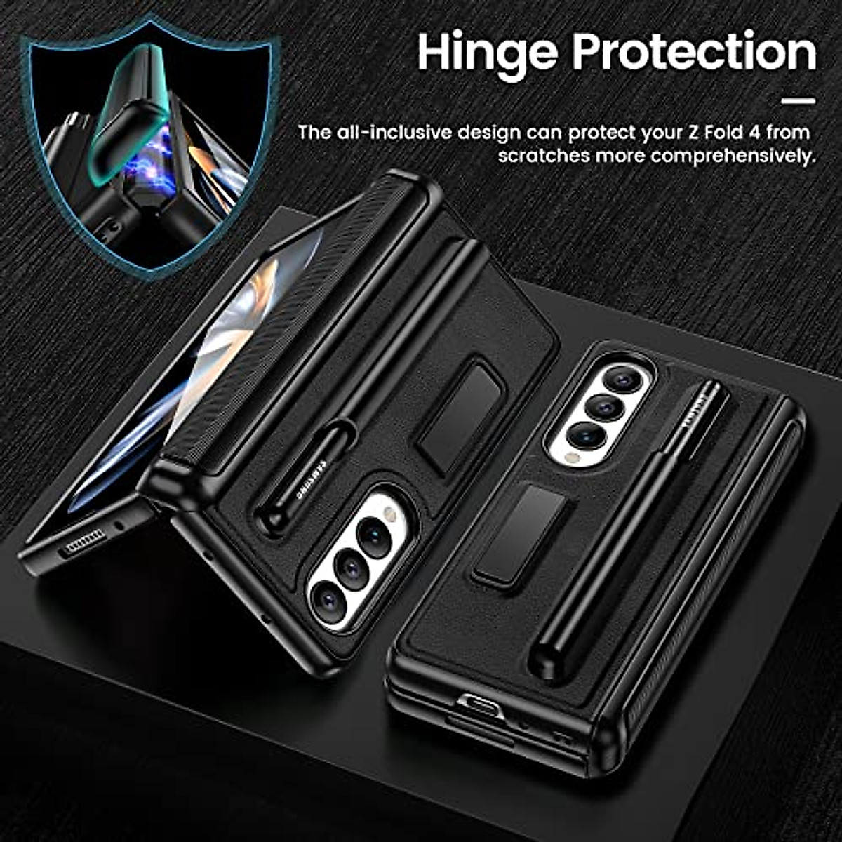 VEGO for Galaxy Z Fold 4 Case with S Pen Holder, Metal Kickstand Case with [Hinge Protection & Screen Protector], PU Leather Protective Case for Samsung Z Fold 4 5G 2022 New Released - Midnight Black