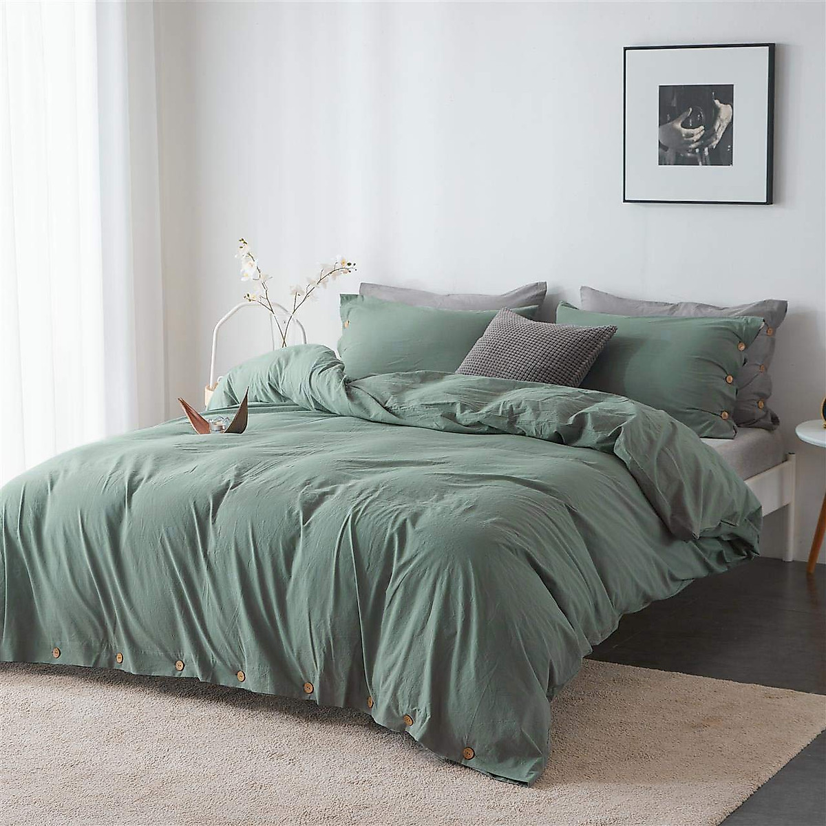 TanNicoor 100% Washed Cotton Duvet Cover Queen Size (90x90 Inch), 3 Pieces (1 Sage Green Duvet Cover + 2 Pillowcases) Soft, Cooling, Breathable Comforter Cover Set with Buttons Closure, Corner Ties