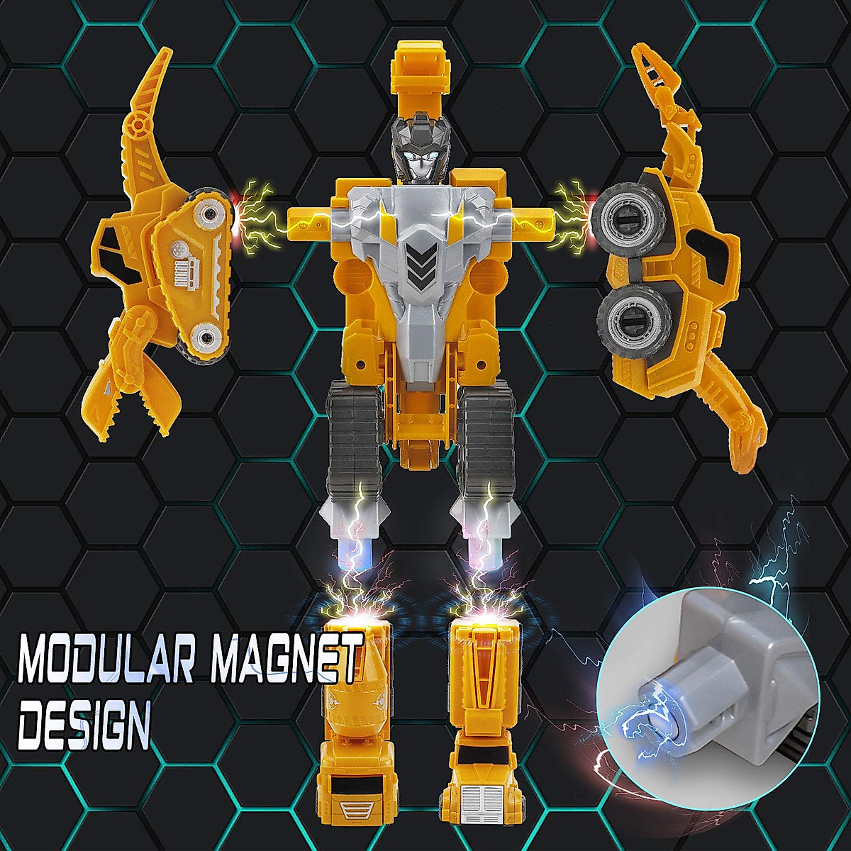 SLENPET 5 in 1 Dinosaur Transforming Robot Toys Set, Magnetic Assemble into Emulation 14.5 inches Large Robot Figures, 5 Construction Trucks & Dinosaurs for Boys, Kids Ages 3 and Up