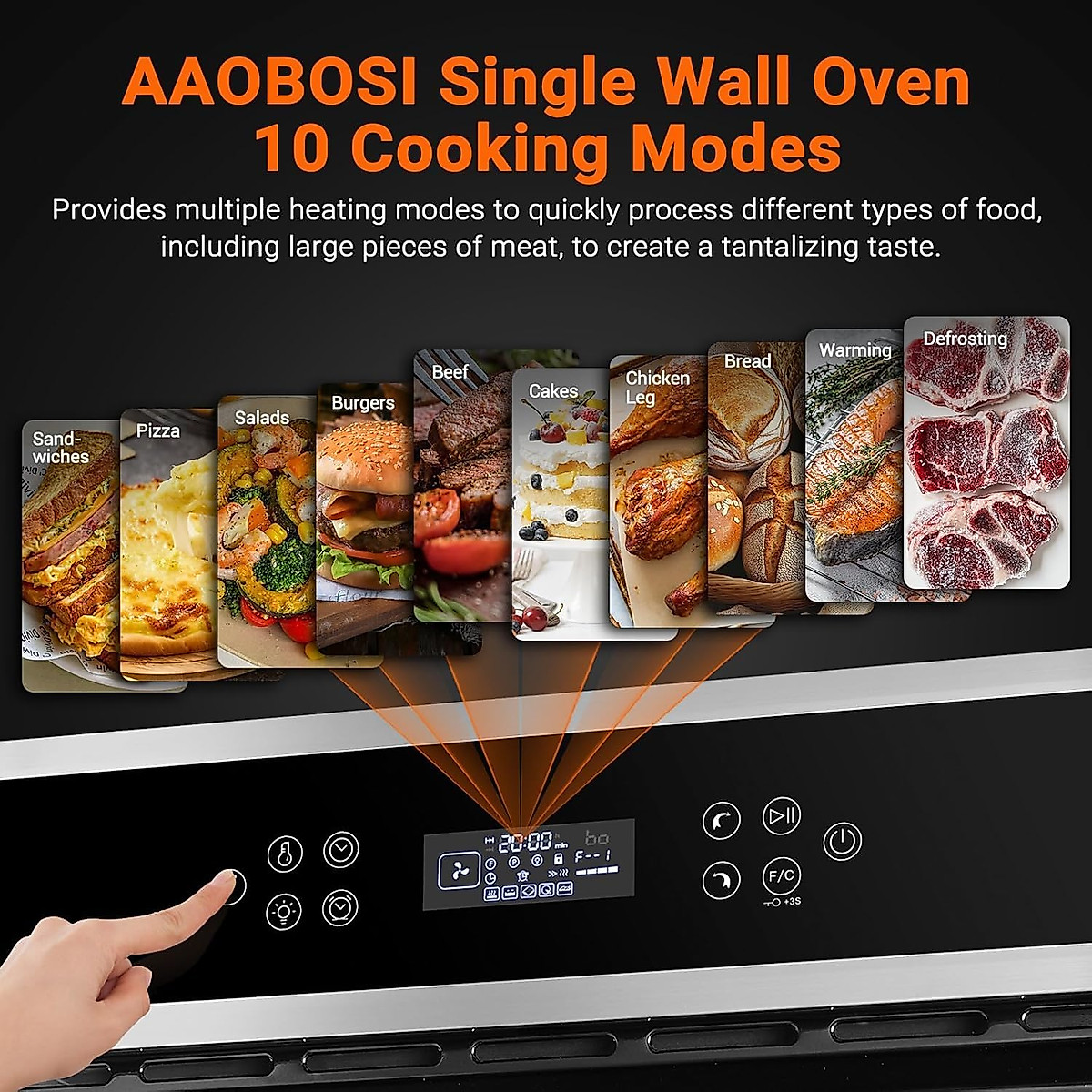 AAOBOSI Single Wall Oven, 24 Inch Electric Built-in Convection Oven 2.5 Cu.Ft 2800W 240V LED Digital Display Touch Control Timer Alarm Clock ChildLock for Kitchen,Drop Down Door in Stainless Steel