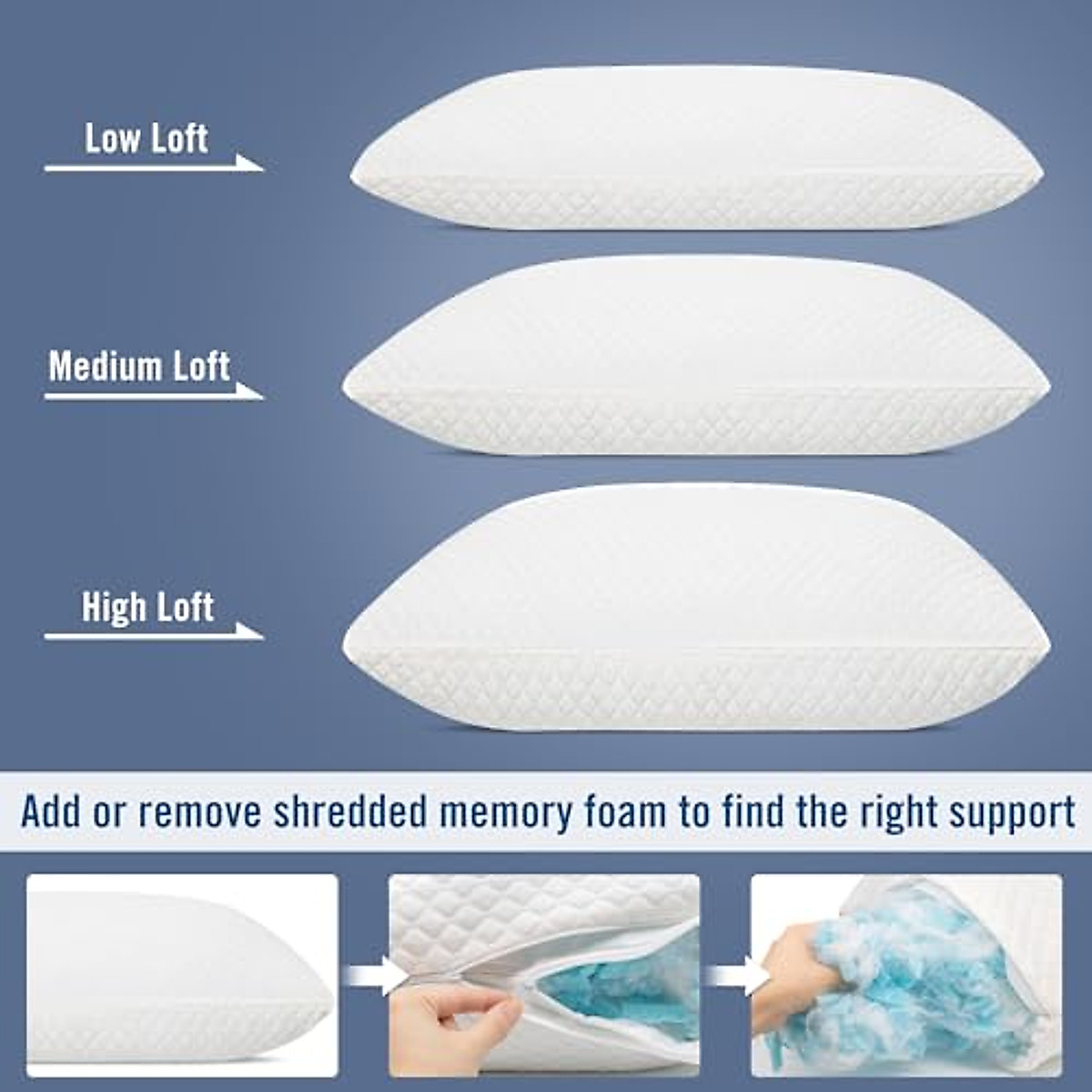 Higoom Standard Size Bed Pillows for Sleeping 2 Pack,Shredded Memory Foam Pillows with Washable Removable Pillowcase Set of 2,Height Adjustable,Suitable for Stomach,Back and Side Sleepers.
