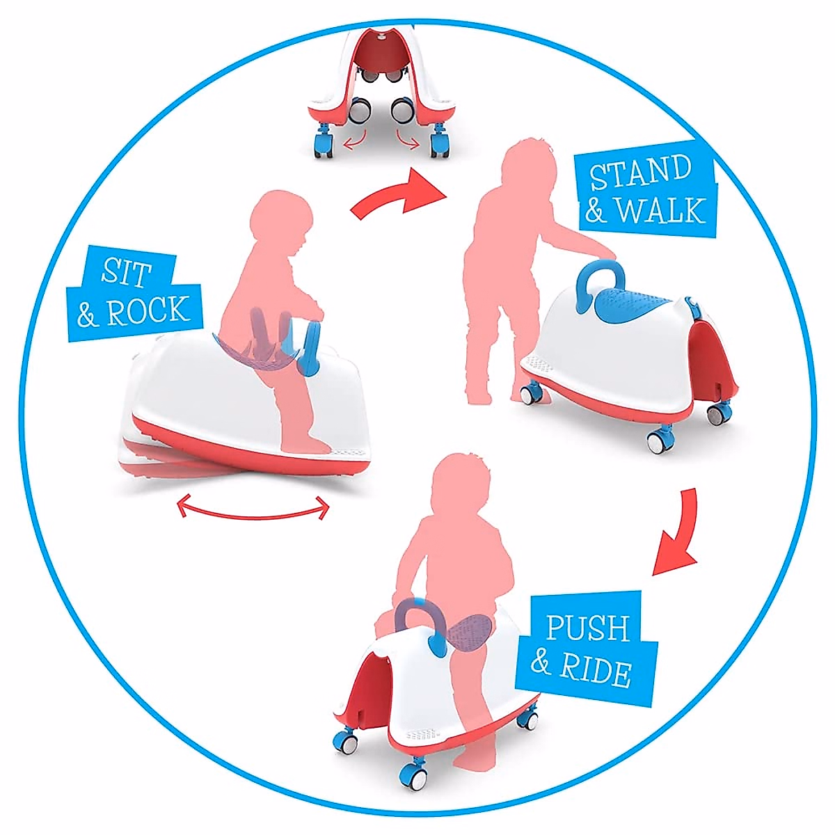 Chillafish Trackie 4-in-1; Rocker, Walker, Ride-on & Play Train, for Kids 1-5 Year, with Adjustable seat Height, Silent Non-Marking 360° Swivel Wheels, Blue and Red, Large