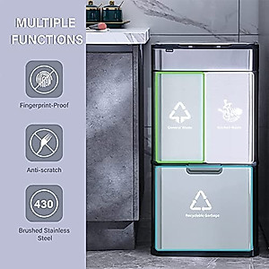 ELPHECO Stainless Steel Kitchen Trash Can 13 Gallon Motion Sensor Kitchen Garbage Bin with Silent Close Lid, 3 Removable Plastic Inner Buckets Automatic Waste Bin