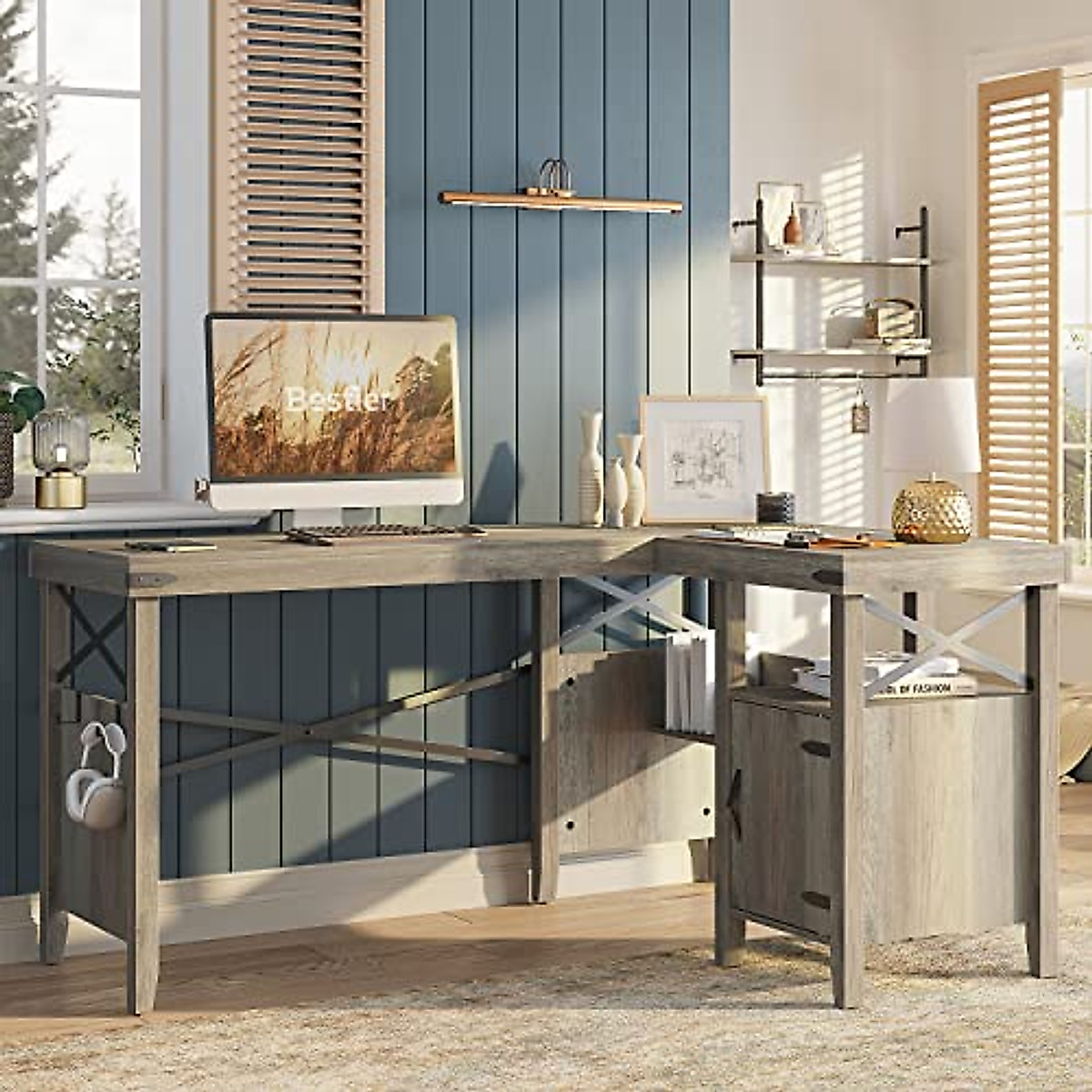 Bestier L-Shaped Home Office Computer Desk with Storage Cabinet & Bookshelf, Farmhouse Office Table for Writing Study, 60 x 42 Inch Convertible Corner Workstation Table with Shelves, Gray