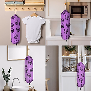 Skull Purple Plastic Bag Holder Cute Wall Mount Plastic Bag Organizer Reusable Large Grocery Bag Storage Dispenser for Home Kitchen Travelling 22"x9"