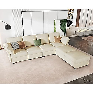 VanAcc Sectional Couch 6 Seats, Modular Sectional Sofa, Convertible Sofa in U Shape with Ottomans, Reversible Sofa Couch for Living Room, Beige Chenille
