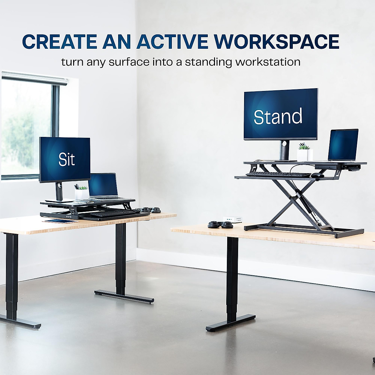 VIVO Height Adjustable 32 inch Stand Up Desk Converter, Quick Sit to Stand Tabletop Dual Monitor Riser Workstation, Black, DESK-V000S