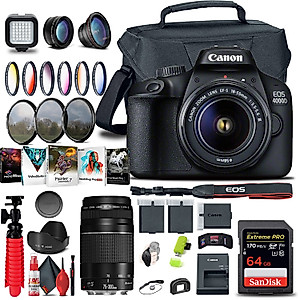Canon EOS Rebel T100 / 4000D DSLR Camera with 18-55mm Lens + Canon EF 75-300mm Lens + 64GB Memory Card + Color Filter Kit + Case + Photo Software + 2 x LPE10 Battery + More (Renewed)