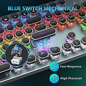 Typewriter Mechanical Gaming Keyboard Mouse Combo, Metal Panel Retro Keyboard with Round Keycap Blue Switch, RGB Backlit 104 Keys Anti-Ghost Wired Keyboard and Mouse with 3 DPI for PC Laptop Mac Gamer
