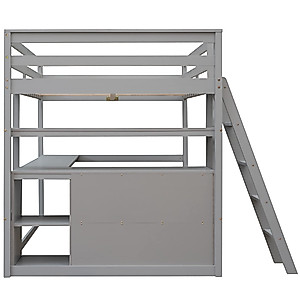Full Loft Bed with Desk and Storage Drawers, Wood Full Size Loft Bed with Storage Shelves, Angled Ladder and Wood Slat Support, High Loft Bed for Kids, Teens, Adults Boys & Girls, Gray
