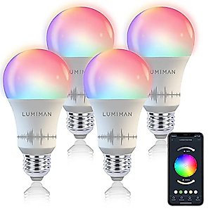 LUMIMAN WiFi Smart Light Bulbs A19 LED Color Changing Light Bulb That Work with Alexa Google Home E26 2700K-6500K Dimmable RGB Lights 800 LM 7.5W 60W Eqv. No Hub Required 4 Pack