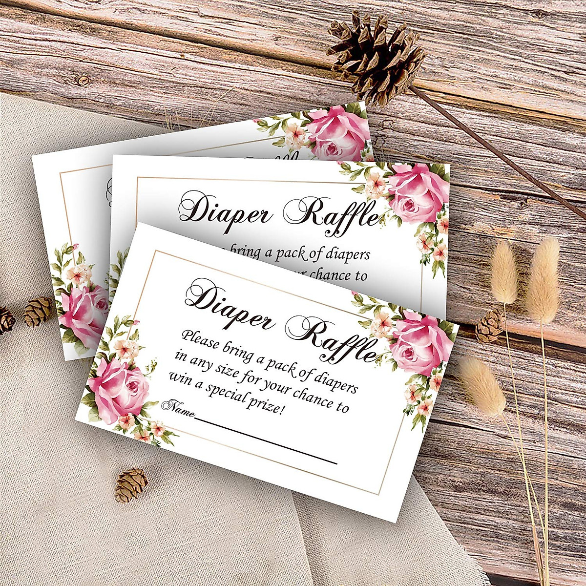 Diaper Raffle Tickets for Baby Shower (50 Count) 3.5" x 2" with Name Line, Pink Flower Design