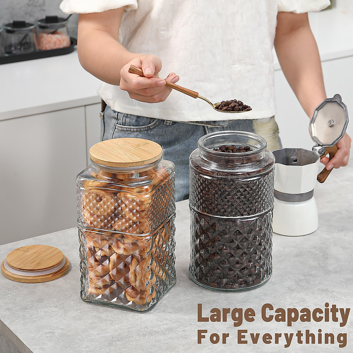 Galazzz 90 oz | 0.7 Gallon Large Cookie Jar, Glass Jar with Airtight Lid, Decorative Kitchen Canister with Bamboo Lids, Candy Jar | Glass Storage Air tight Glass 2600ml Round & Square